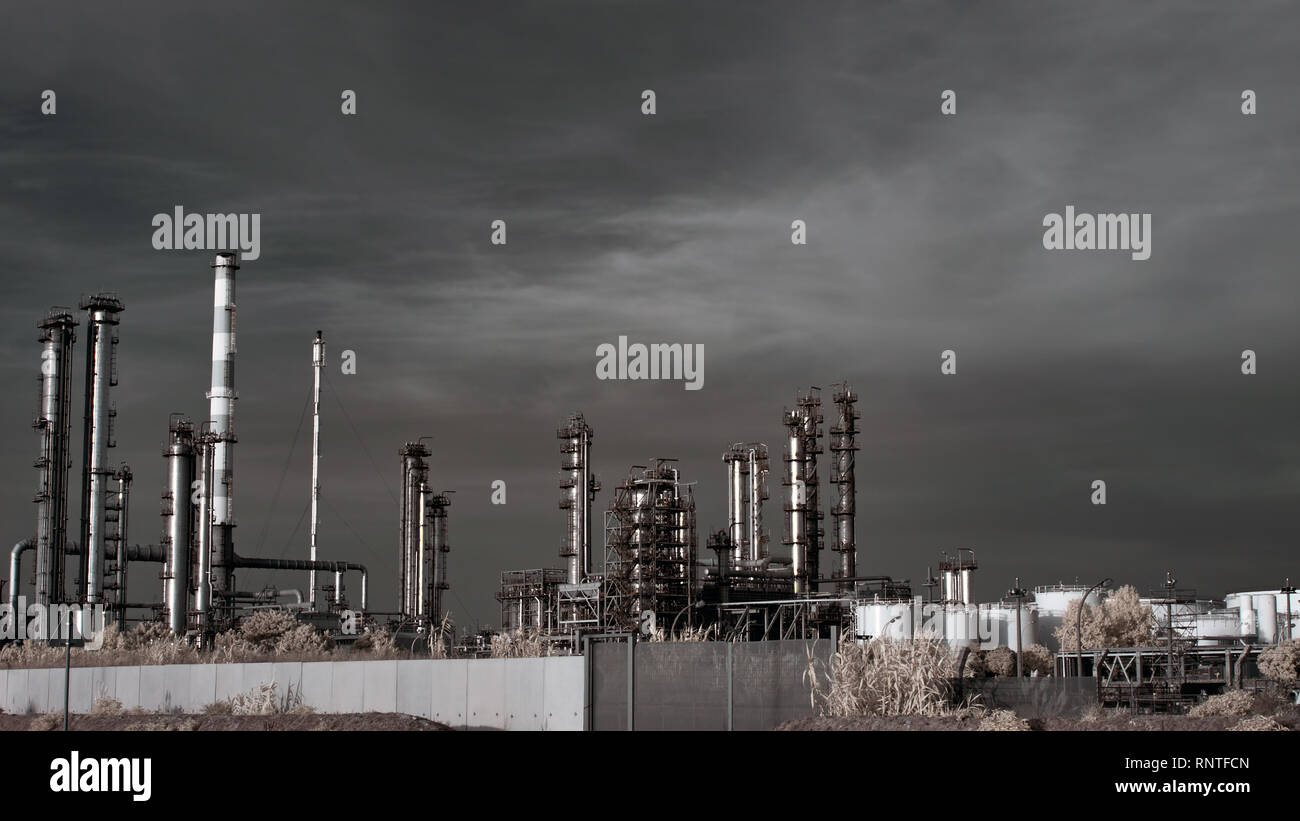 Wide view of part of a big oil refinery - infrared Stock Photo - Alamy