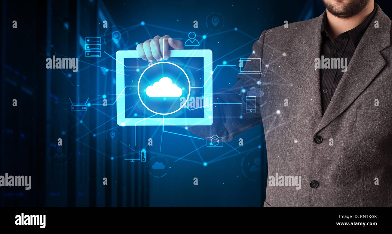 Formal hand in server room with virtual workspace concept Stock Photo ...