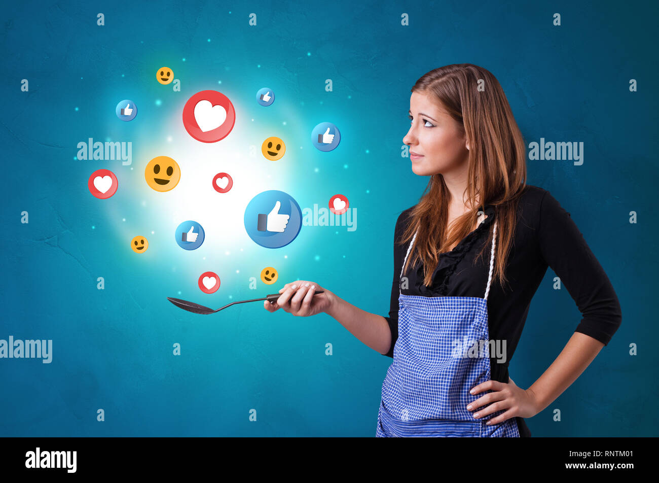 Young happy person cooking social media concept in wok Stock Photo - Alamy