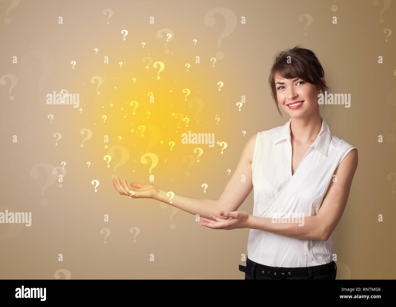 Young person presenting something with question sign concept Stock ...