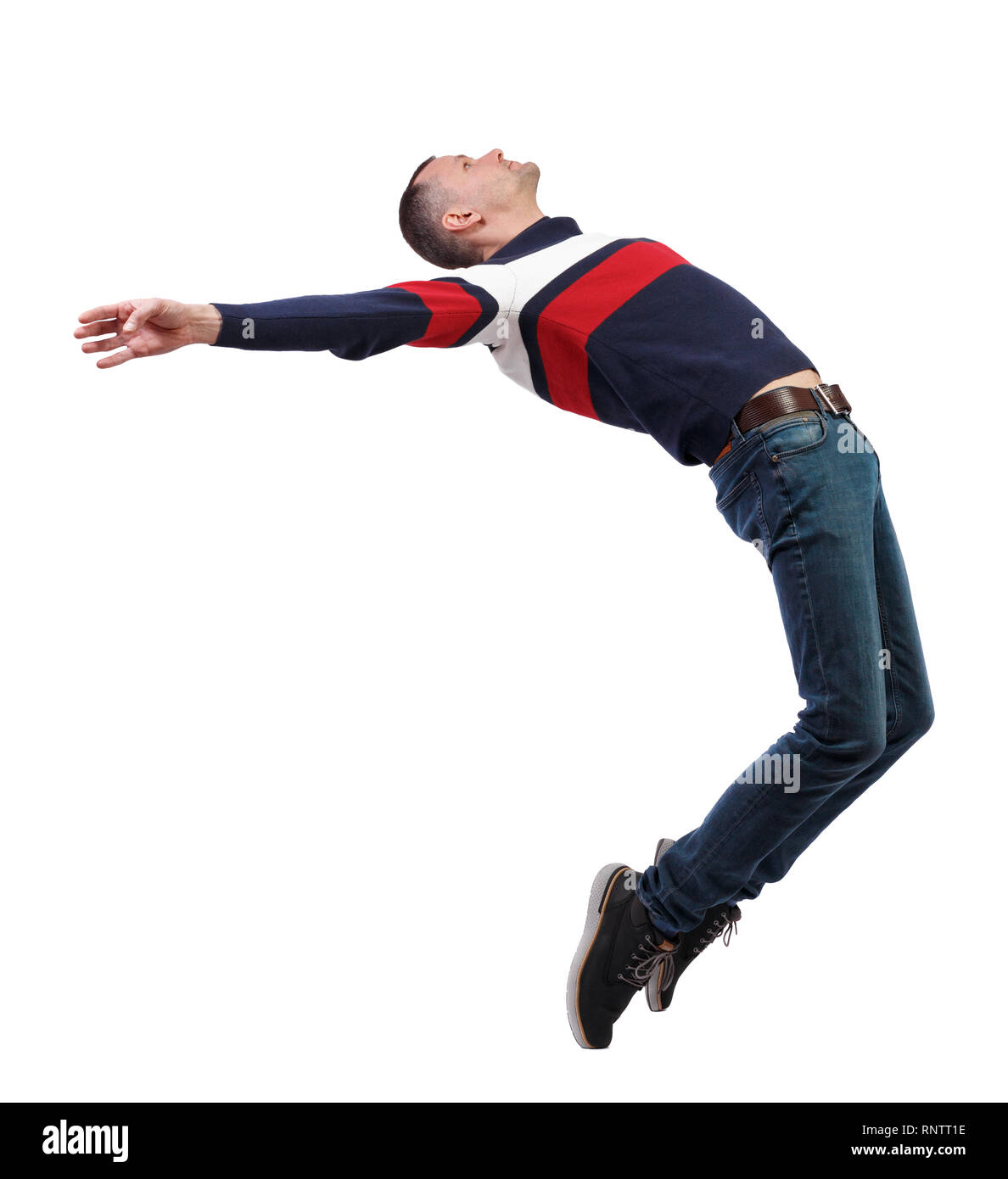 Side view of man in zero gravity or a fall. guy is flying, falling or ...