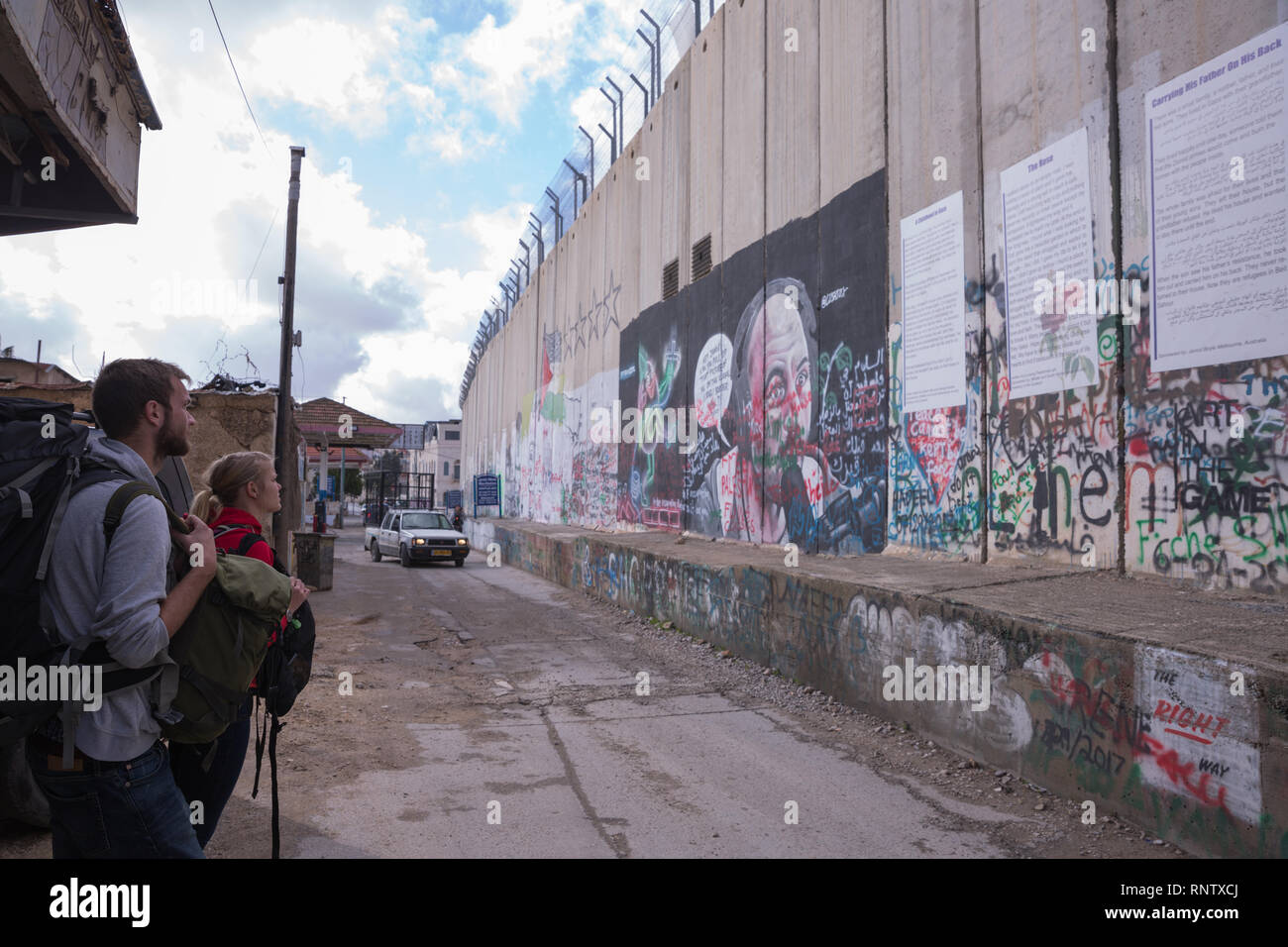 A view of the Israeli West Bank barrier (separation wall) in Bethlehem ...