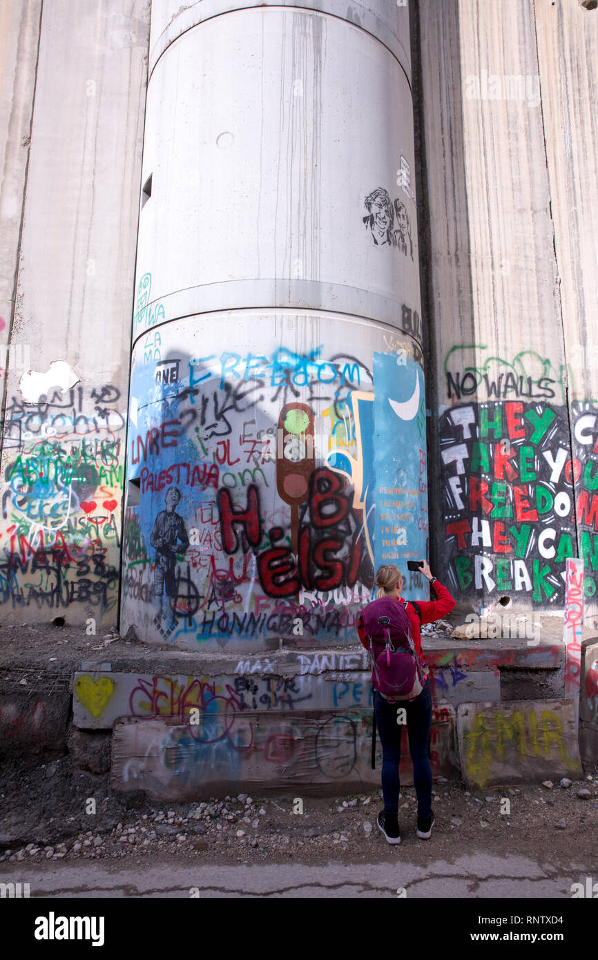 A view of the Israeli West Bank barrier (separation wall) in Bethlehem ...