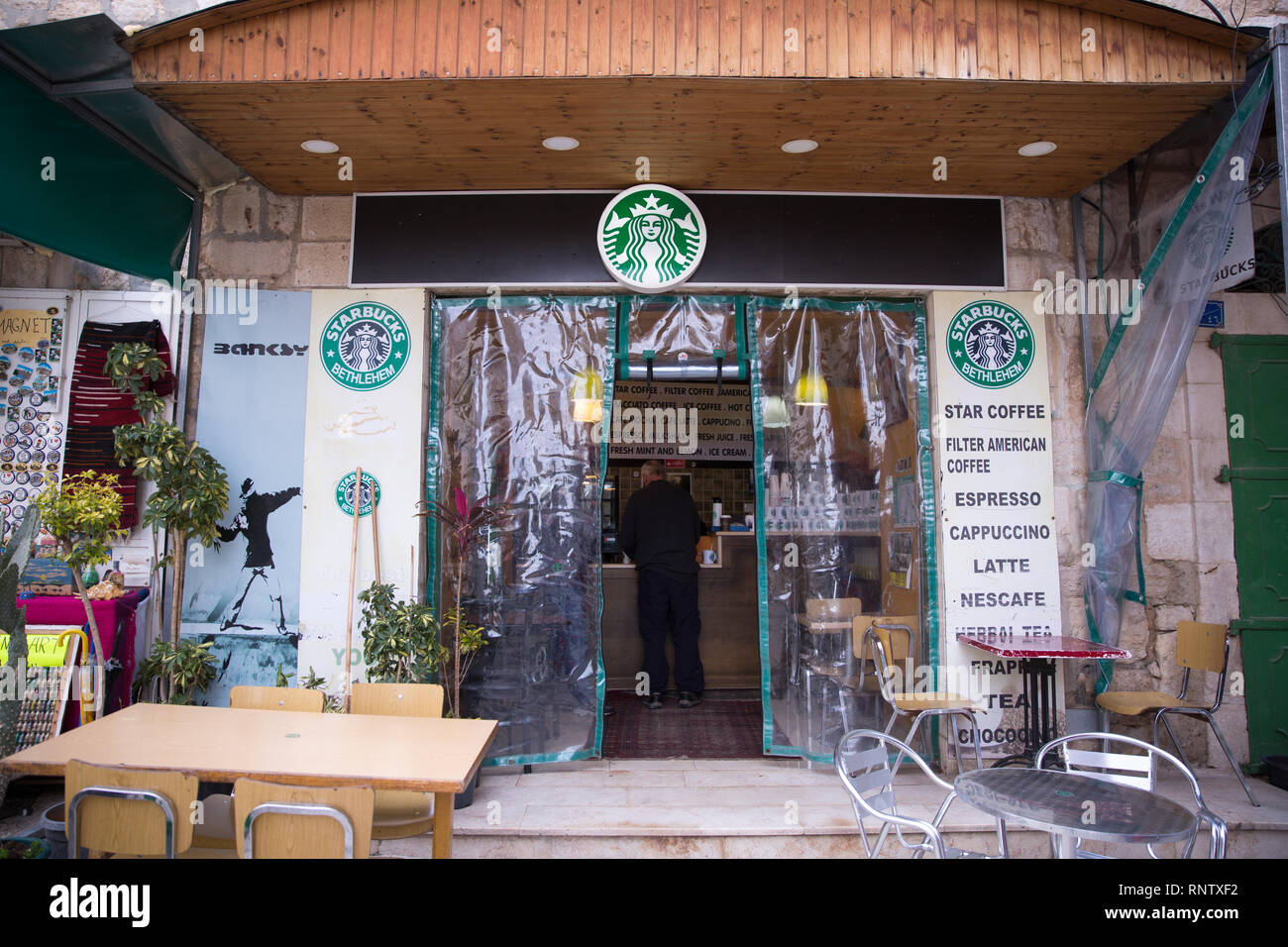 A fake Starbucks located in Bethlehem, West Bank, Palestine created to ...
