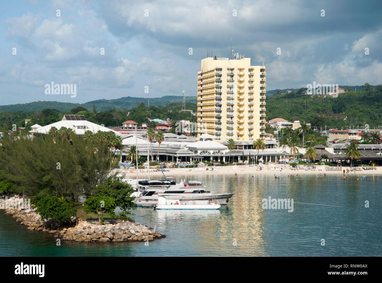 The view of Ocho Rios town beach under the cloudy sky (Jamaica Stock ...