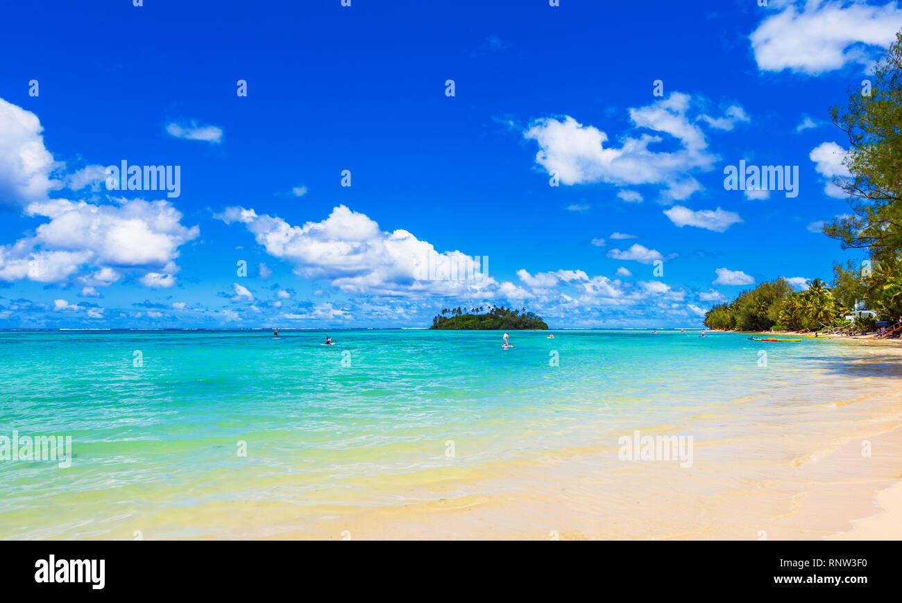 View of the sandy beach, Cook Islands, South Pacific. Copy space for ...