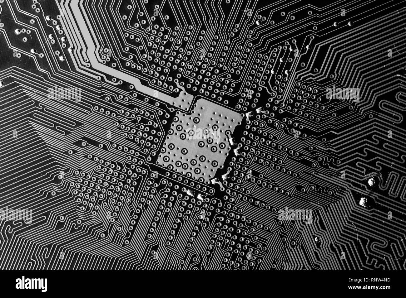 Close up photo of black and white pcb printecd circuit board electric ...