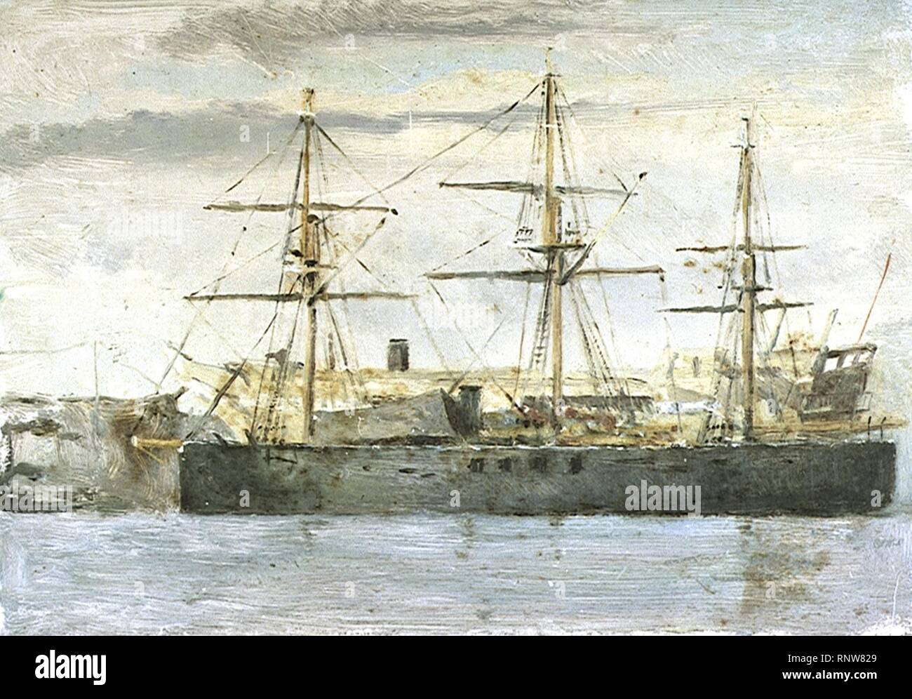 Central battery ironclad at anchor, ca.1860 Stock Photo - Alamy