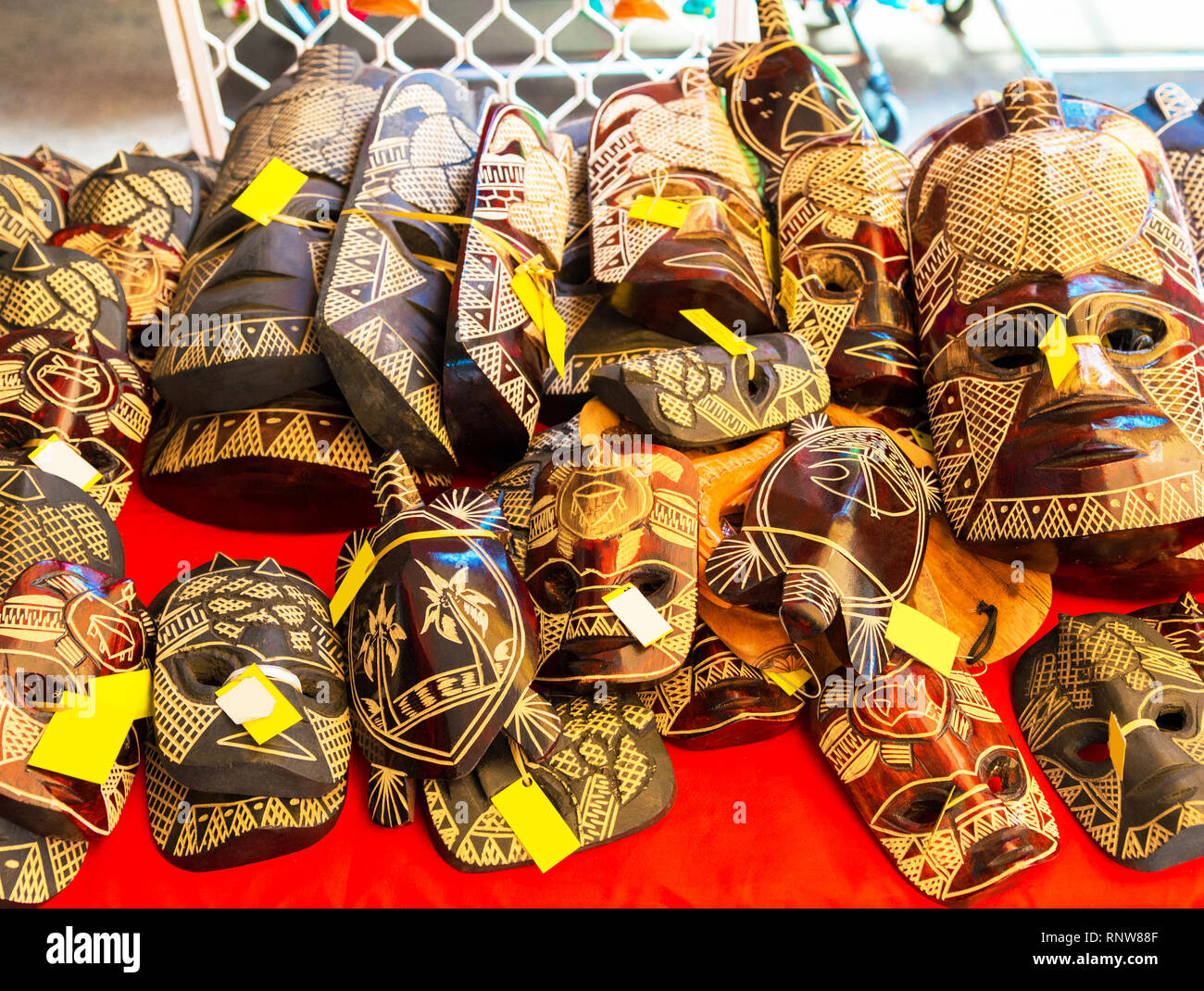 Wooden masks in the local market, Rarotonga, Aitutaki, Cook Islands ...