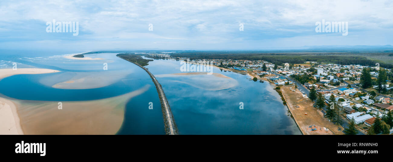 Aerial panorama of Harrington Breakwall and Manning River mouth ...