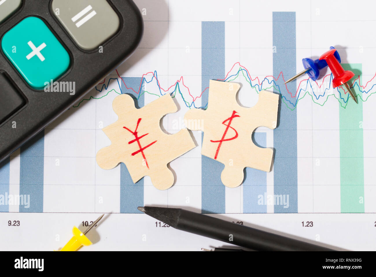 Puzzles and economic charts, teamwork, RMB and US dollar Stock Photo ...