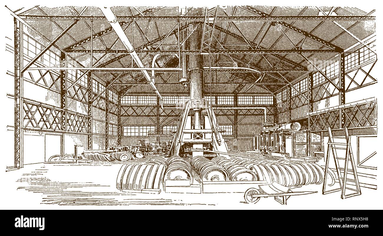 Interior view of a historic forge shop of a factory (after an etching ...
