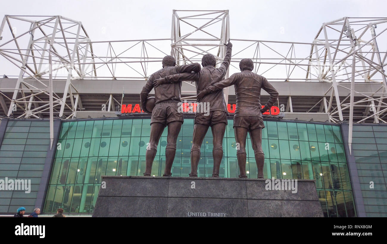 United Trinity statue at Manchester United Football Ground in Old ...