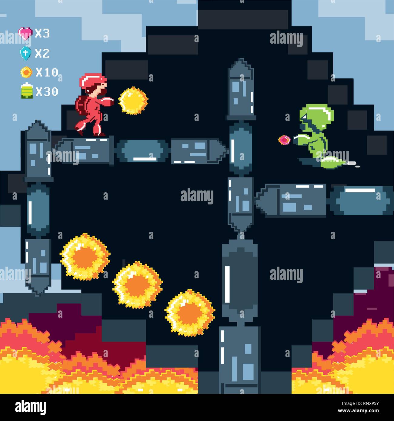 classic video game scene with warrior and flame vector illustration ...