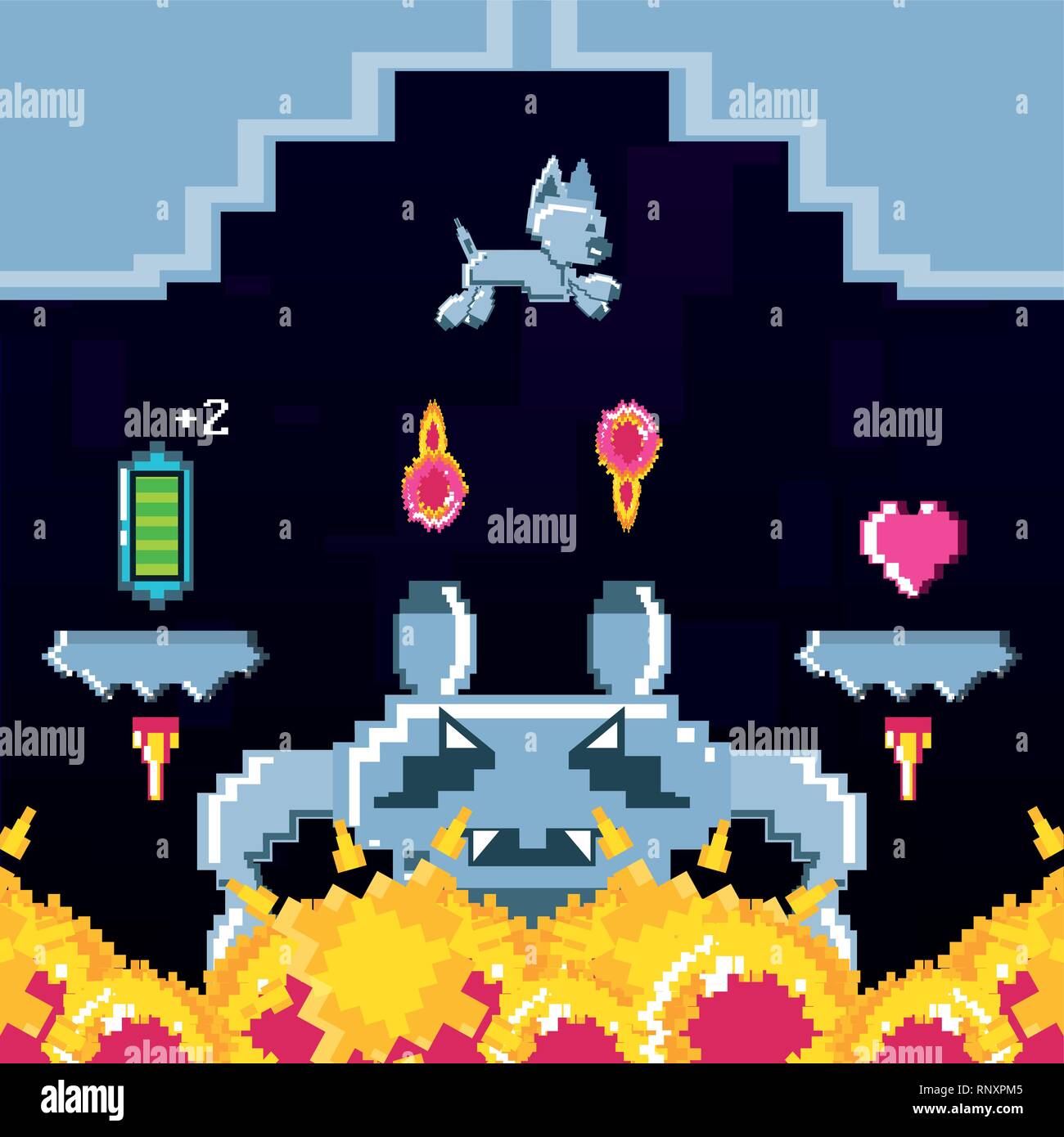 classic video game scene with flame character vector illustration ...