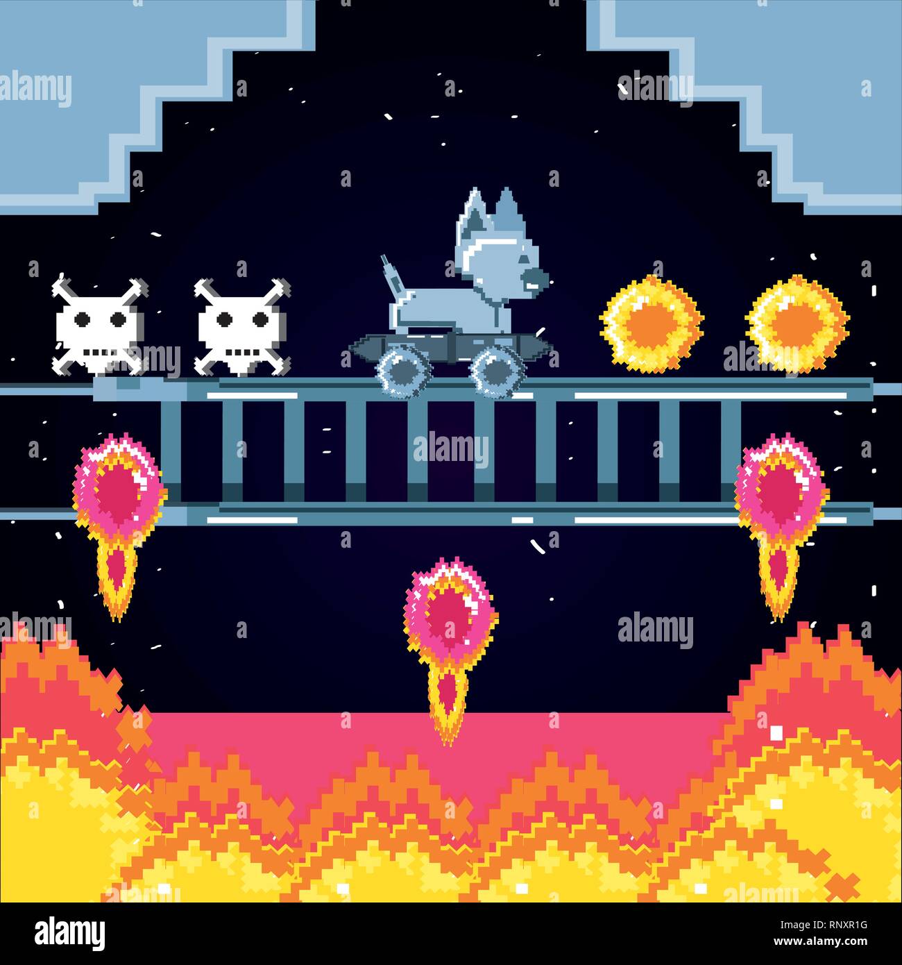 classic video game scene with flame character vector illustration ...
