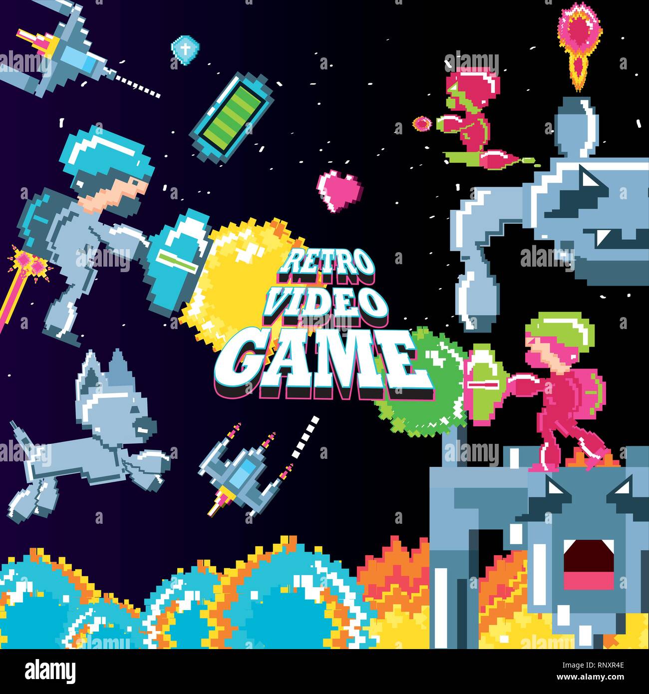 classic video game scene with warriors fight vector illustration design ...