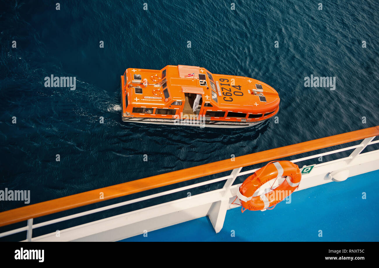 Miami, usa-november 19, 2015: Lifeboat or orange boat on blue sea or ...
