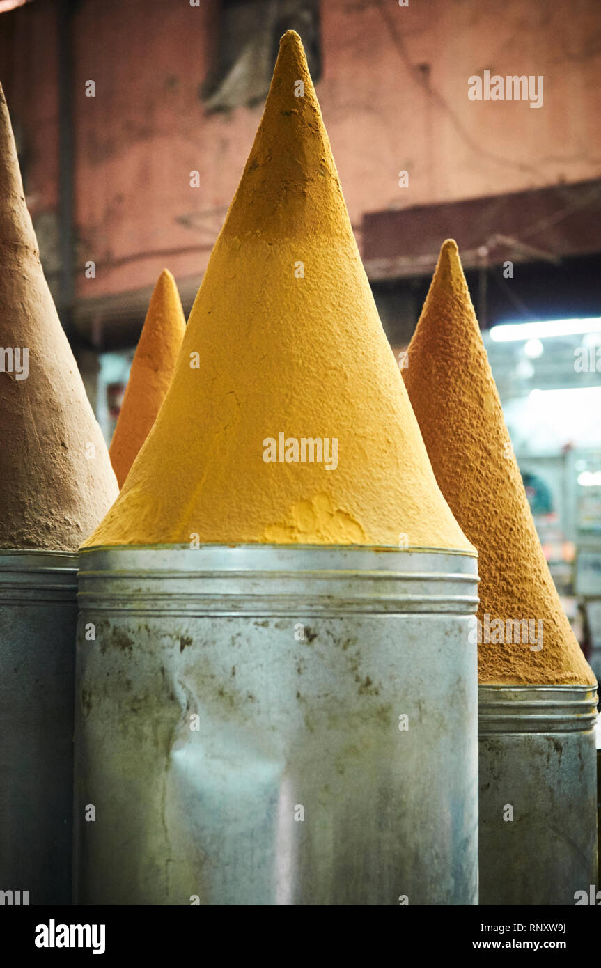 Spice and herb cone piles in a market stall in Marrakech Stock Photo ...
