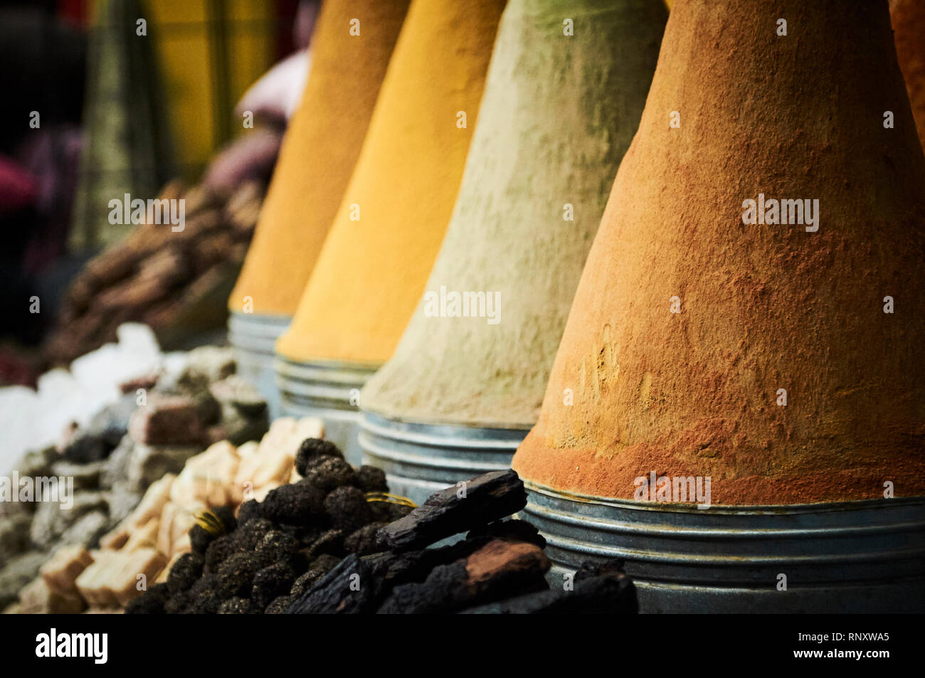 Spice and herb cone piles in a market stall in Marrakech Stock Photo ...