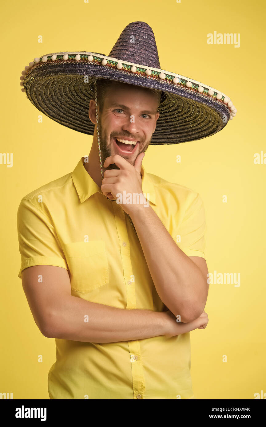 Happy guy smile in sombrero hat. Male fashion. Always in good mood ...
