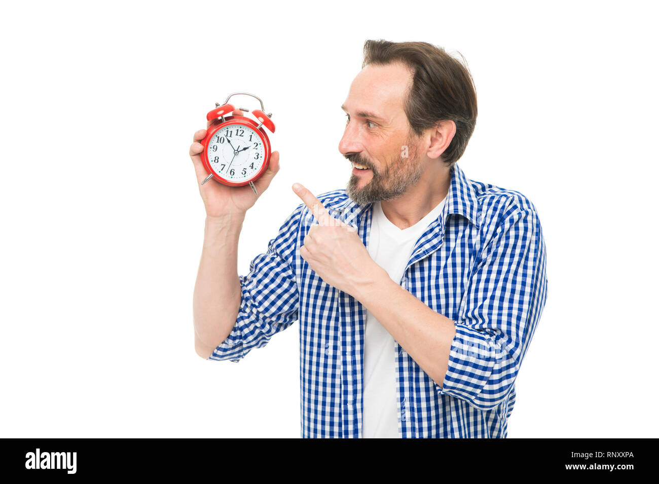 Control and discipline. Man casual style hold alarm clock. Time ...