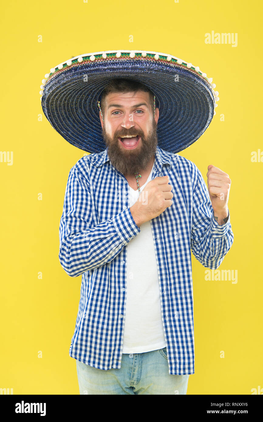 To your Mexican theme party. Hipster in wide brim hat. Mexican man ...
