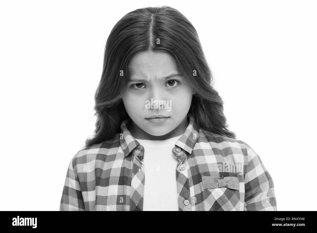 Little girl raise eyebrow isolated on white. Confident child with long ...