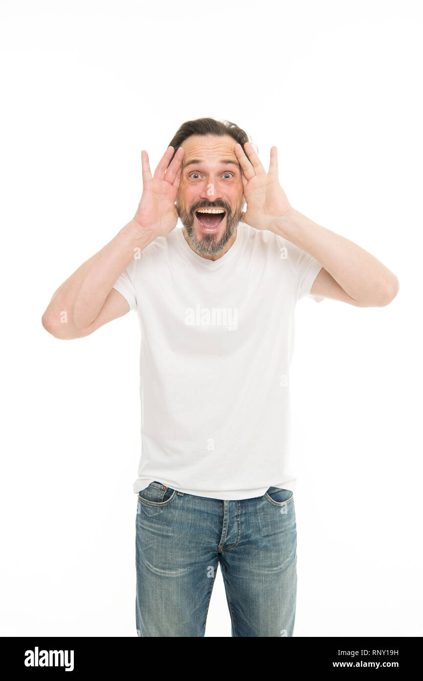 Man excited screaming to you. Mature charismatic speaker excited to ...