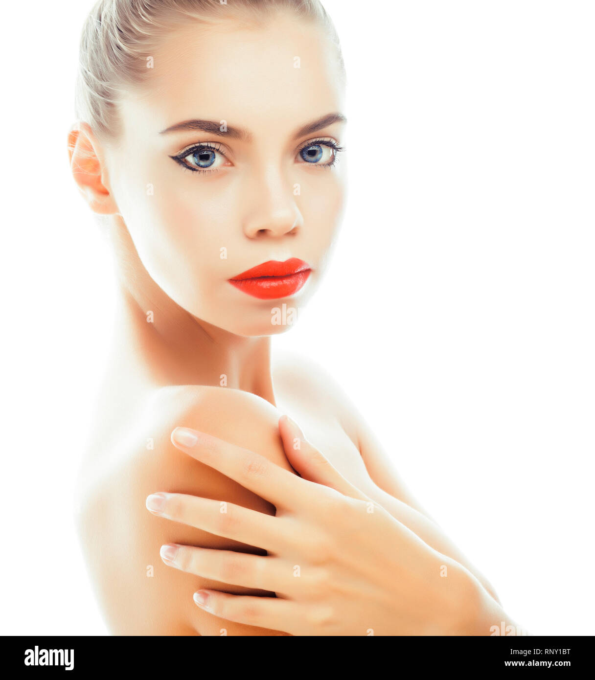 perfect beauty real brunette woman isolated on white background smiling ...