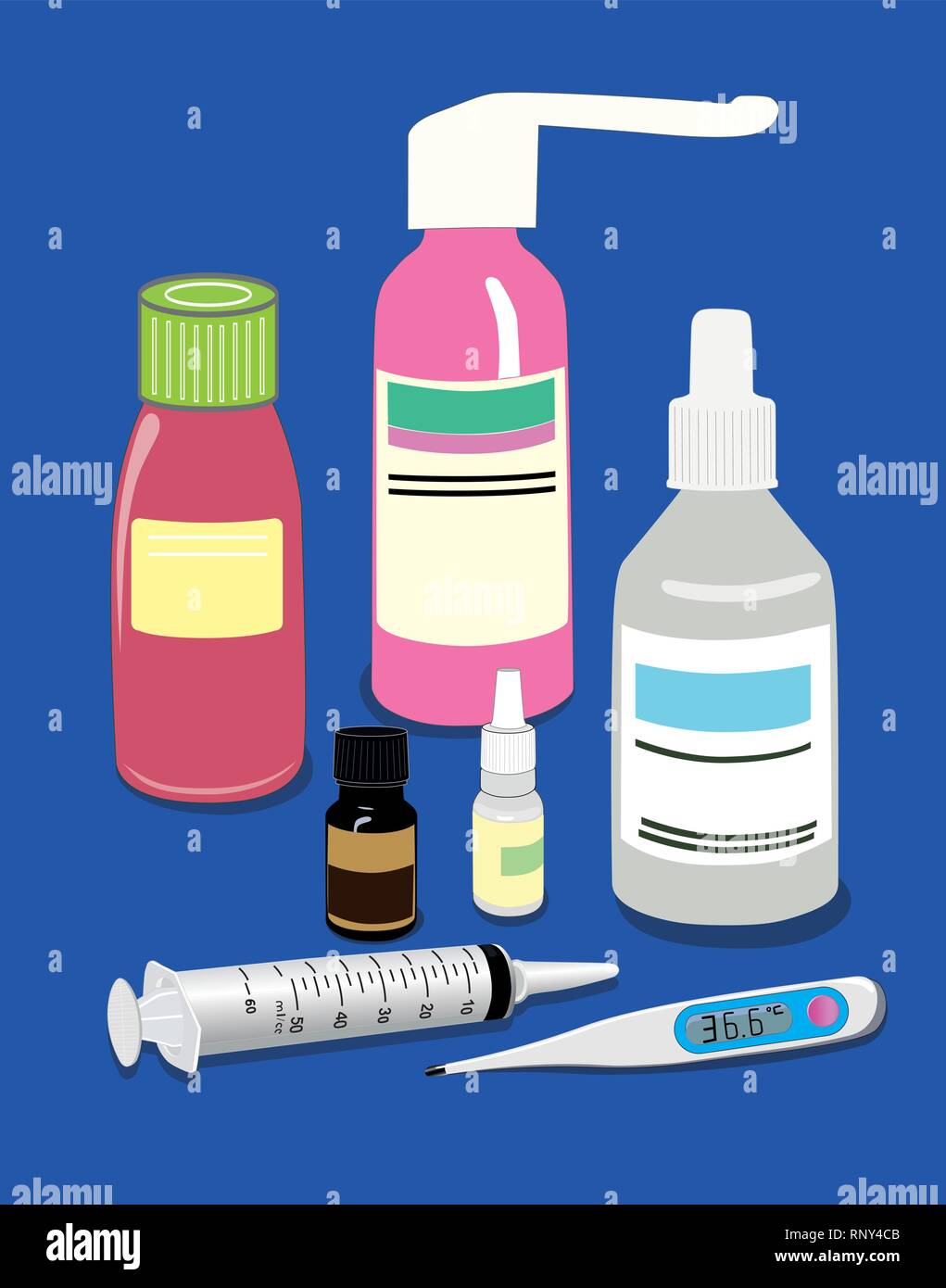 Medical preparation. Thermometer, syringe for injections. Medical ...