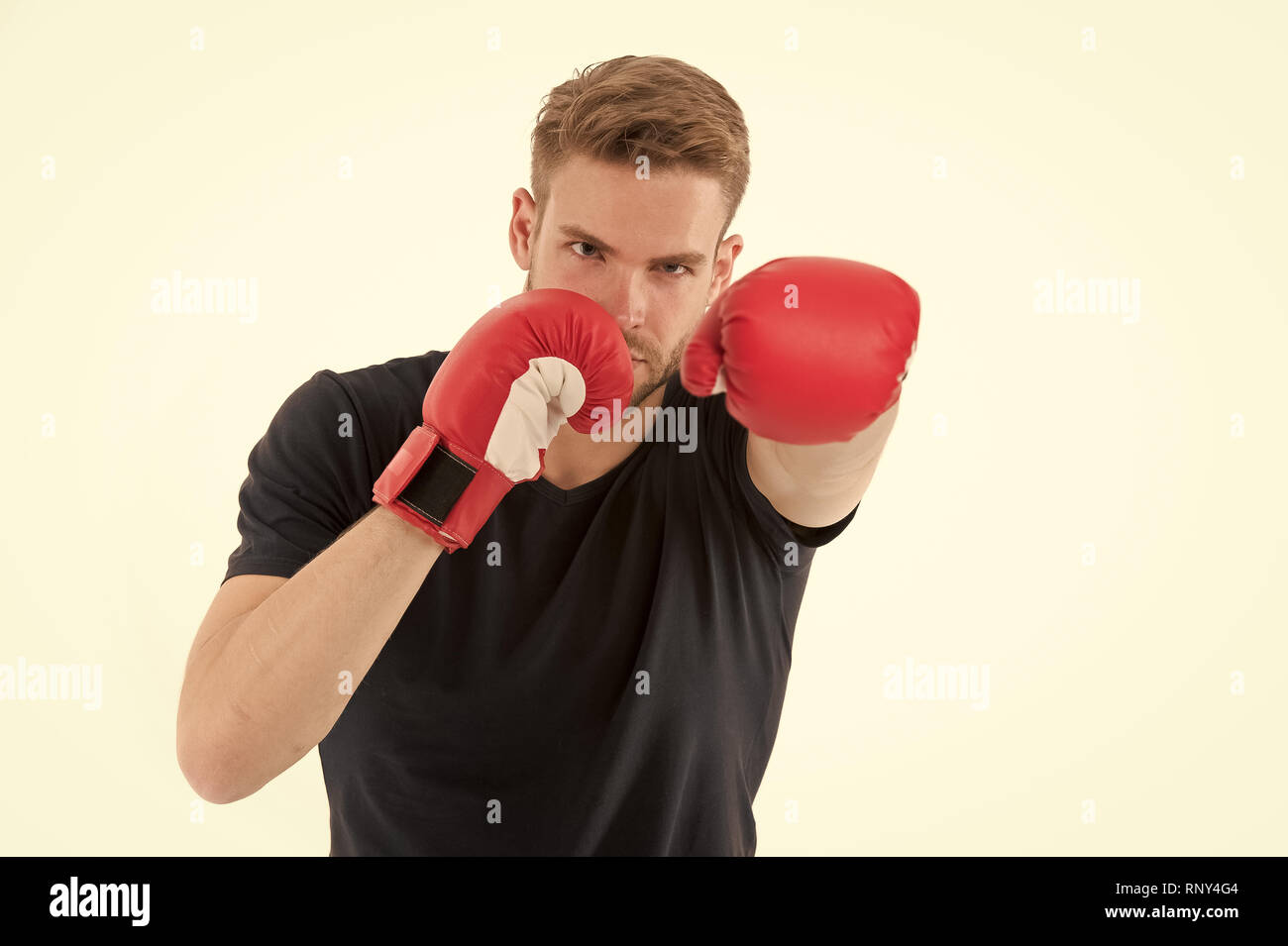 Man boxing isolated on white. Macho in red boxing gloves. Ready to ...