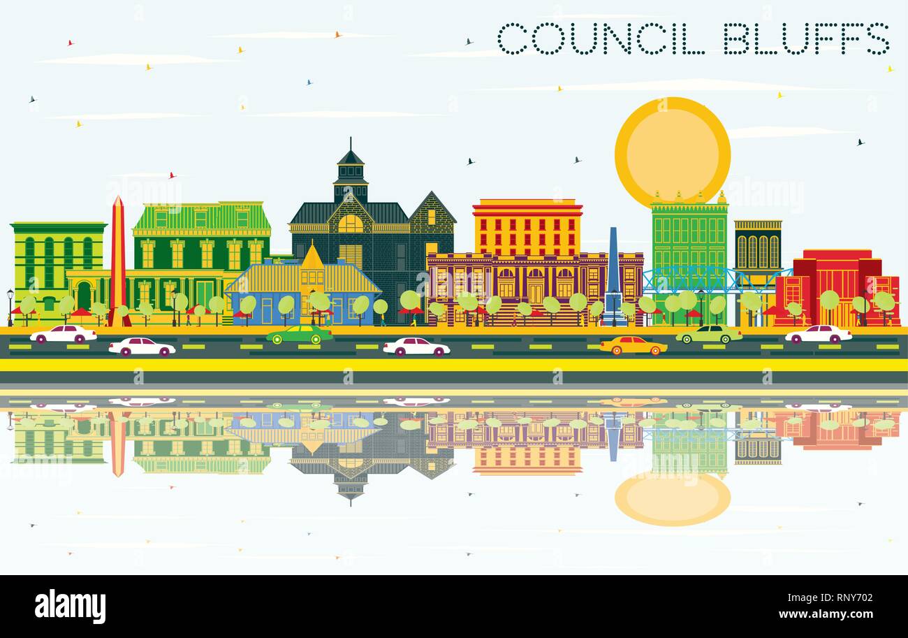 Council Bluffs Iowa Skyline with Color Buildings, Blue Sky and ...