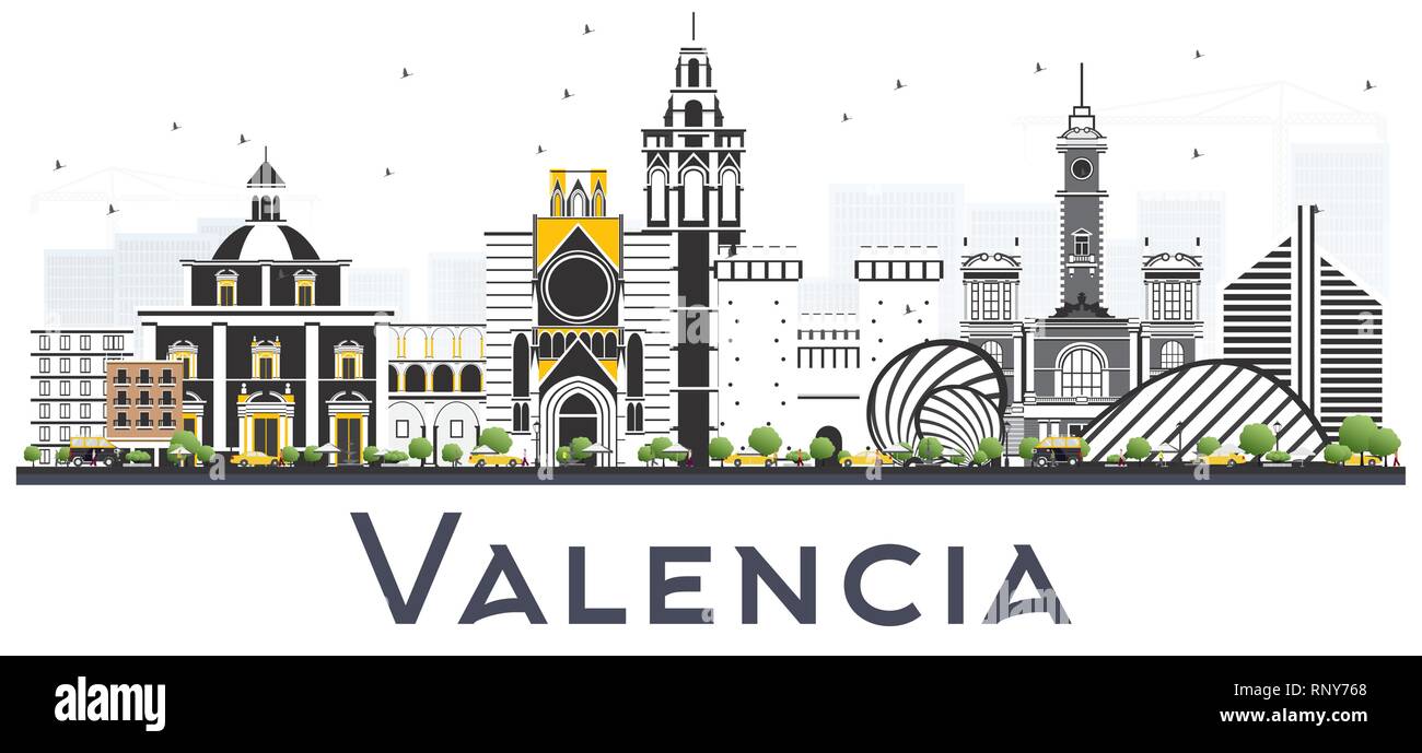 Valencia Spain City Skyline with Color Buildings Isolated on White ...