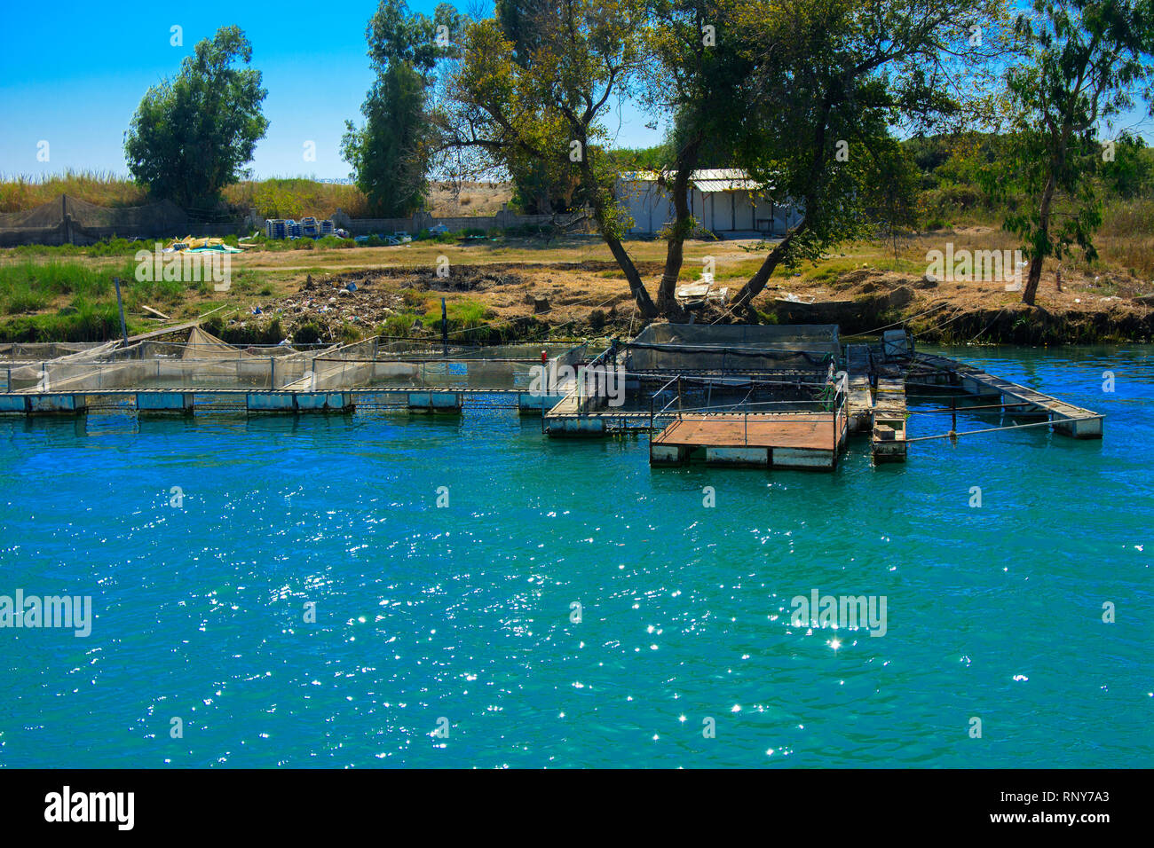 Artificial breeding of fish. Tanks from the net in the open air farm ...