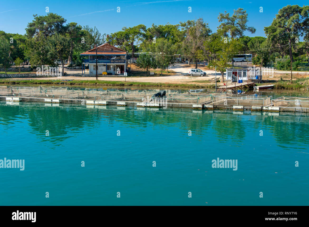 Artificial breeding of fish. Tanks from the net in the open air farm ...