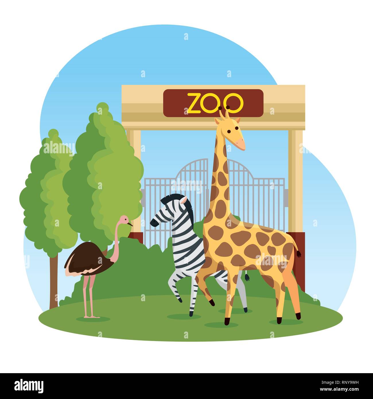 ostrich with zebra and giraffe wild animals in the zoo vector ...