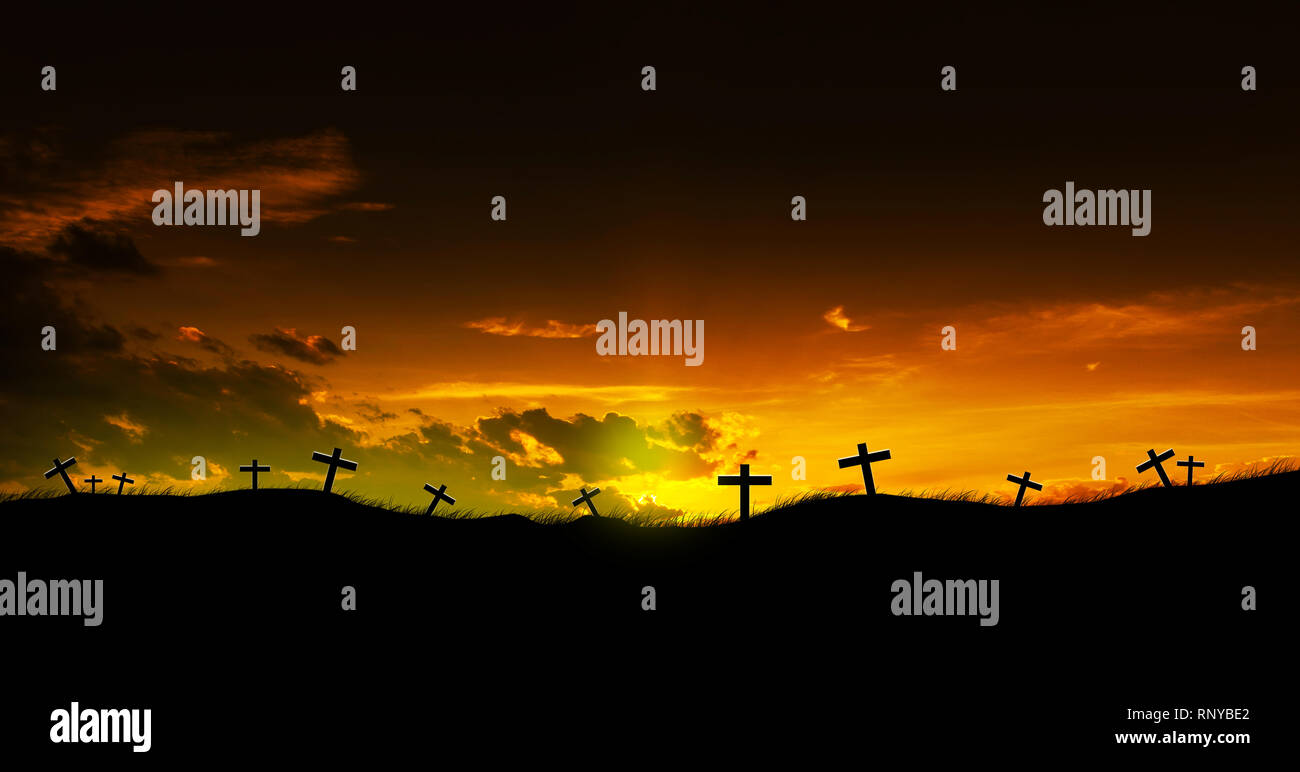 Sun rising on three Christian crosses Stock Photo - Alamy