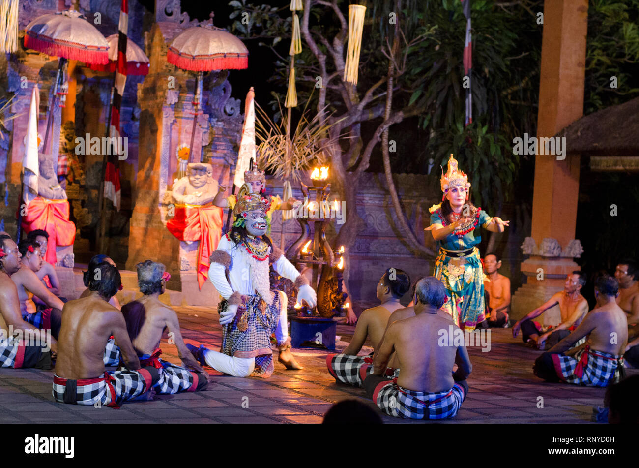 Kecak and Barong Fire Dance Show. Hanoman dance with female dancer ...