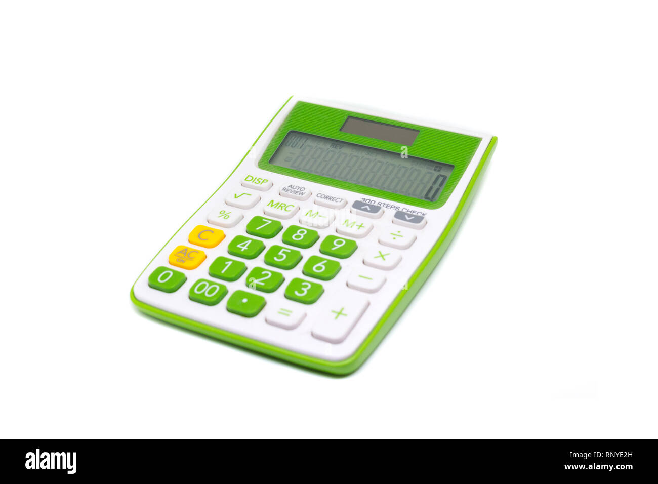 Calculator with hand on white background Stock Photo - Alamy