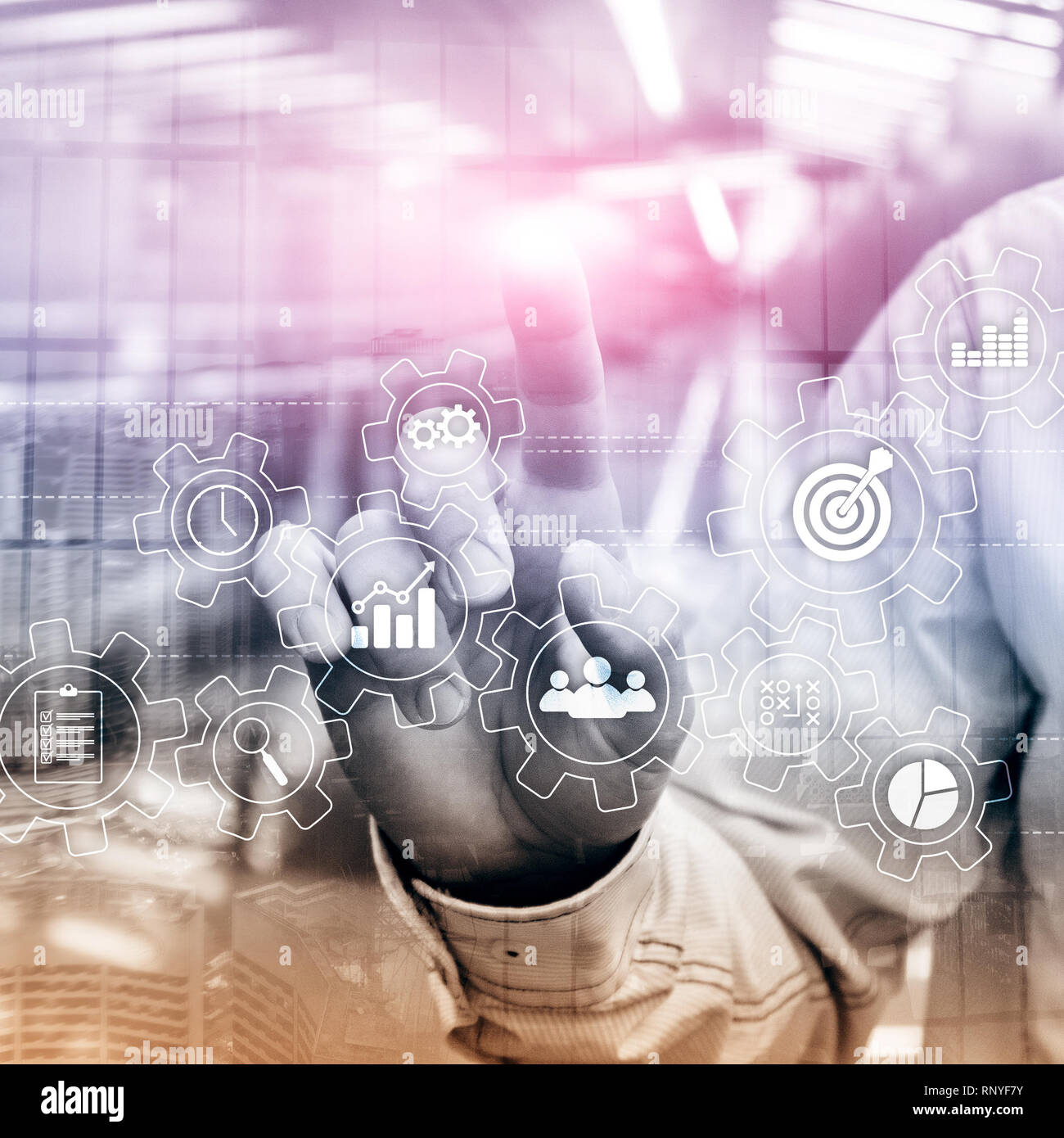 Business process automation concept. Gears and icons on abstract ...