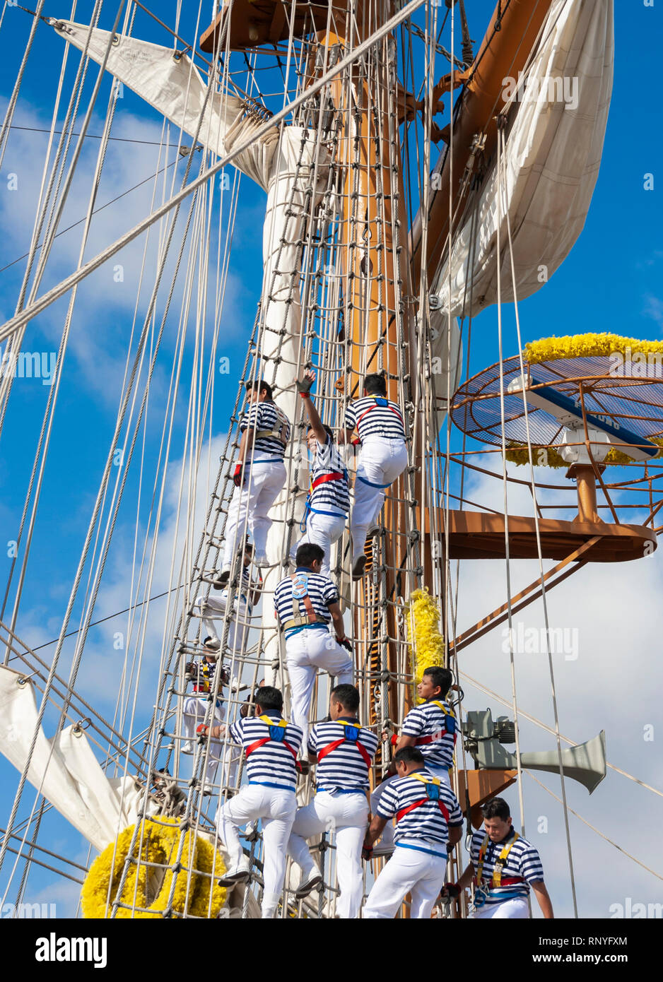 Crew climbing the rigging of Mexican navy training ship, Cuauhtemoc ...