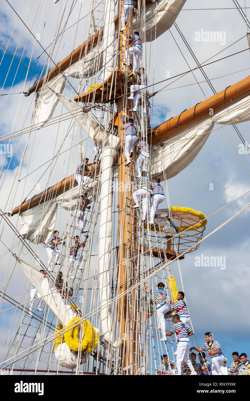 Crew climbing the rigging of Mexican navy training ship, Cuauhtemoc ...