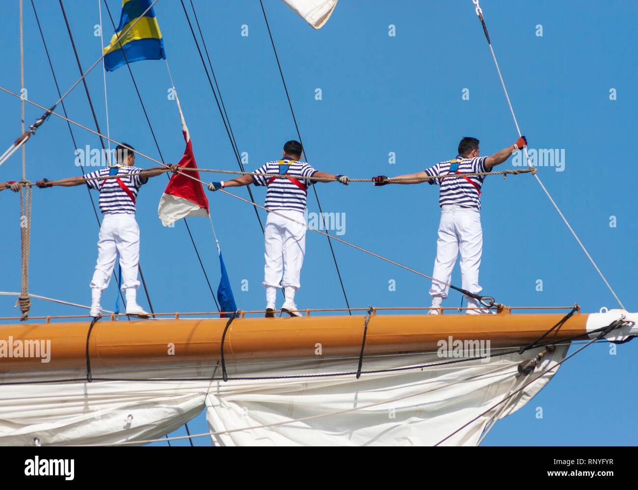 Crew climbing the rigging of Mexican navy training ship, Cuauhtemoc ...