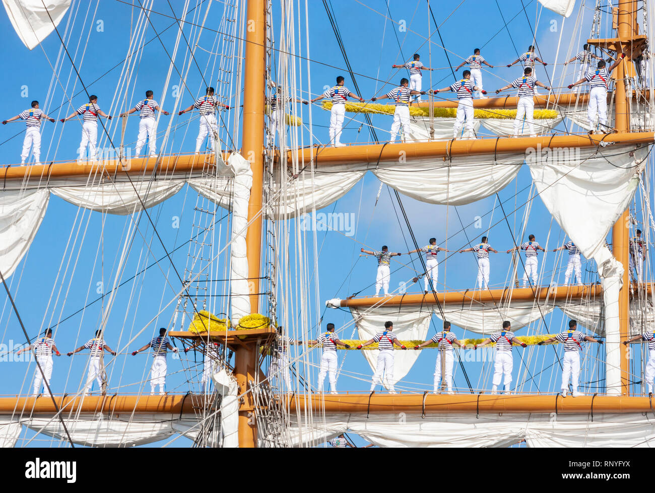 Crew climbing the rigging of Mexican navy training ship, Cuauhtemoc ...