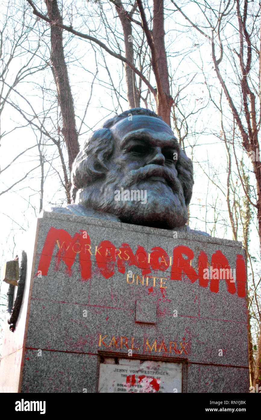 The tomb of Karl Marx in Highgate Cemetery showing the marks of recent ...