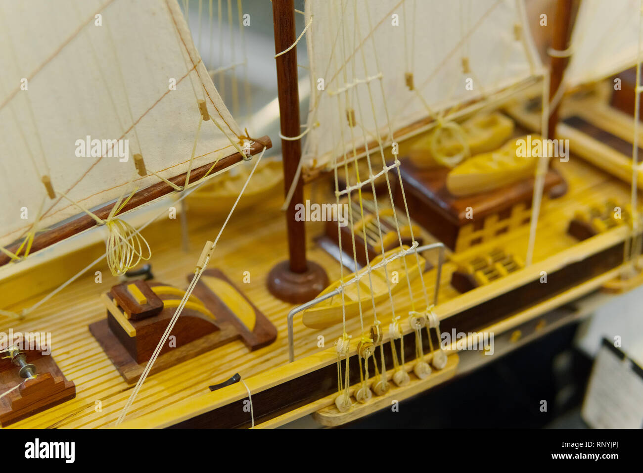 Sailing ship model in souvenir shop, closeup. Handmade sailboat ...