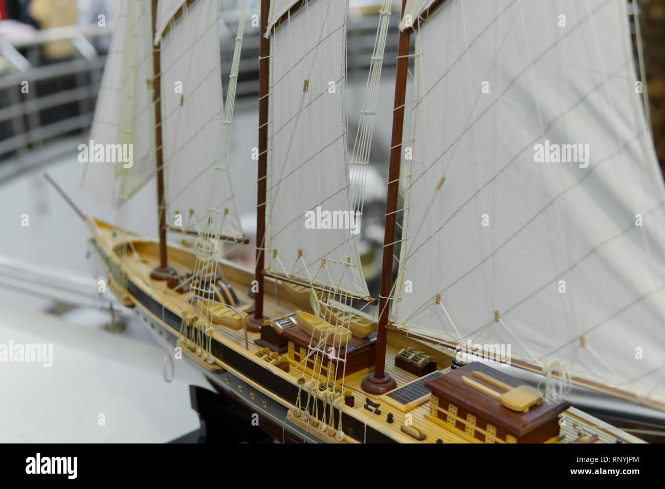 Sailing ship model in souvenir shop, closeup. Handmade sailboat ...