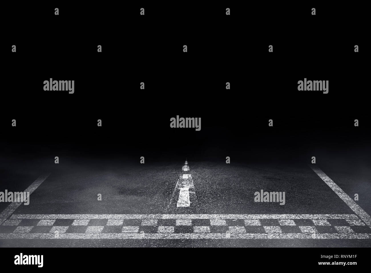 Finish line racing car driving the fog road Stock Photo - Alamy