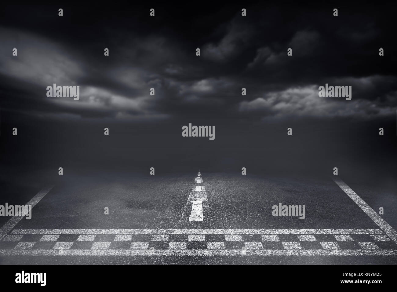 Finish line racing car driving the fog road Stock Photo - Alamy